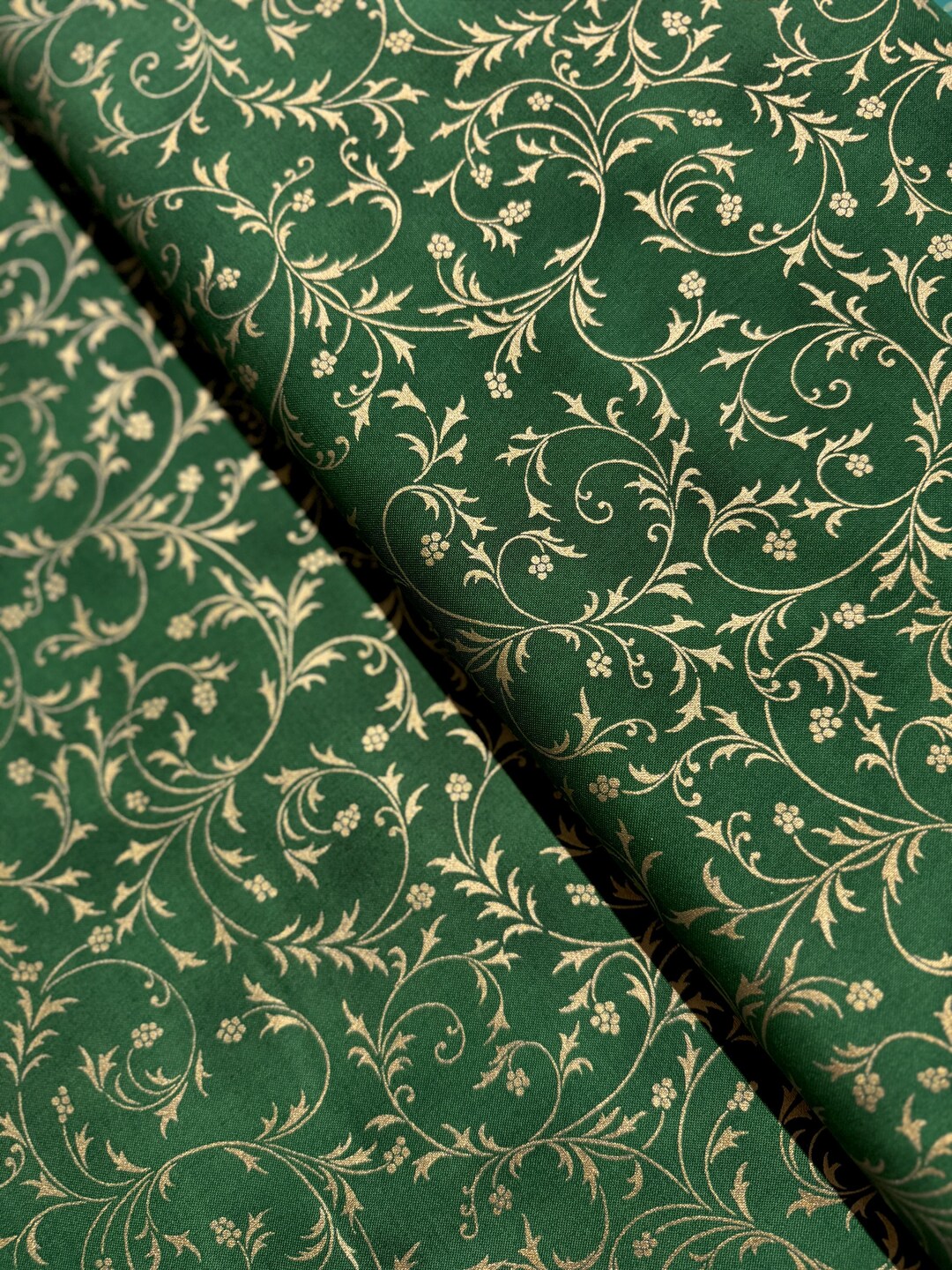 Holiday Flourish-snow Flower - Swirls Pine Gold Fabric - Metallic ...