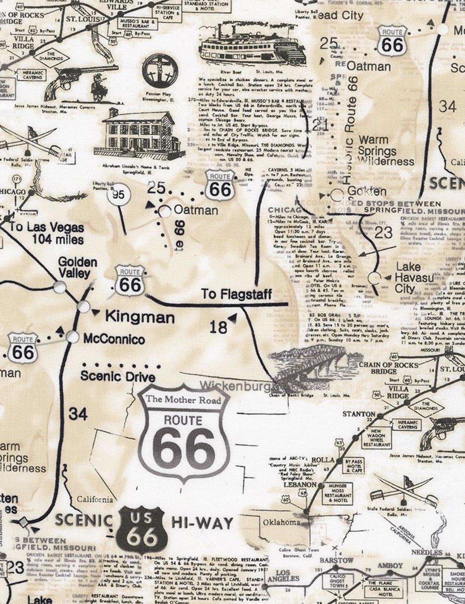 Route 66 Map Fabric: Timeless Treasures Cotton (digital Print) - Etsy
