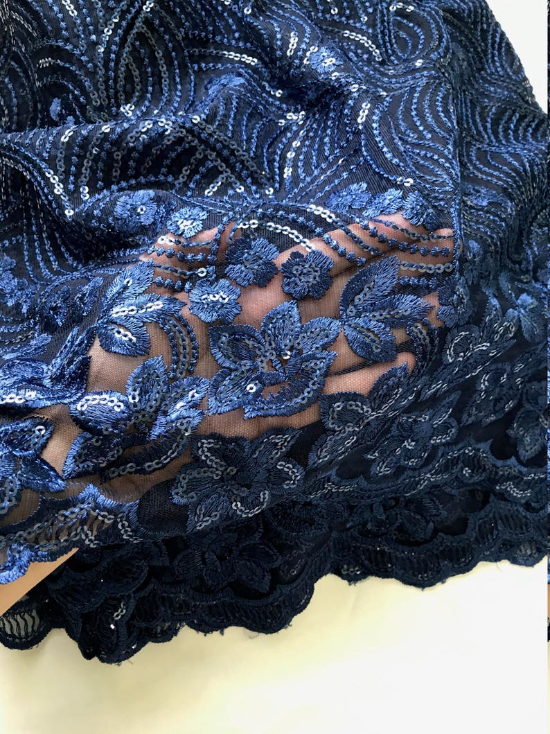 Dark Blue Embroidered Net Fabric Embellished With Sequins - Etsy
