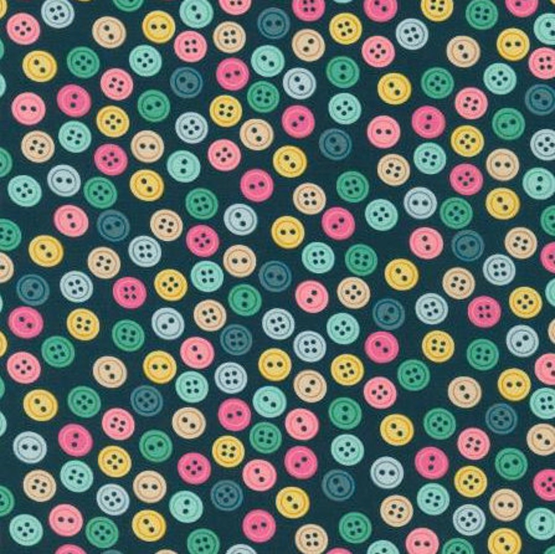 Sewing Basket Buttons on Navy Background Fabric by Pink Light Design ...