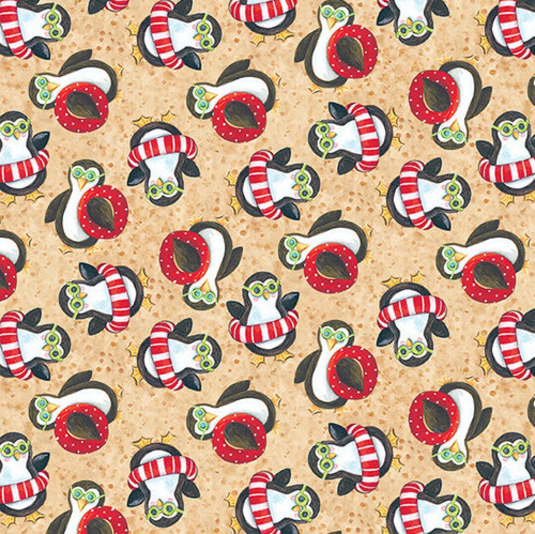 Holiday Beach - Penguins Tan Fabric by Diane Kater - Cotton Fabric - Etsy