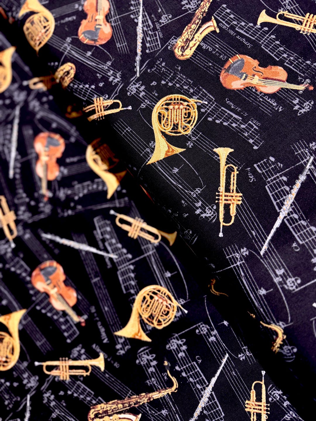 Orchestra Instruments With Music Background - Metallic - Cotton Fabric ...