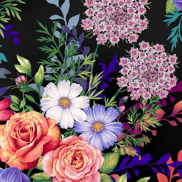 Black Floral Fabric - Etsy