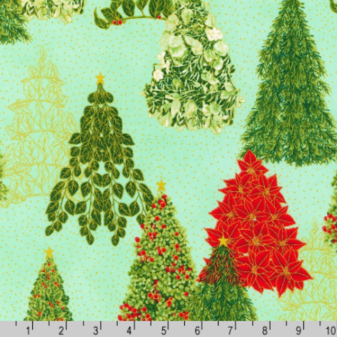 Holiday Flourish-snow Flower - Winter Trees Mint Gold Fabric - Metallic ...