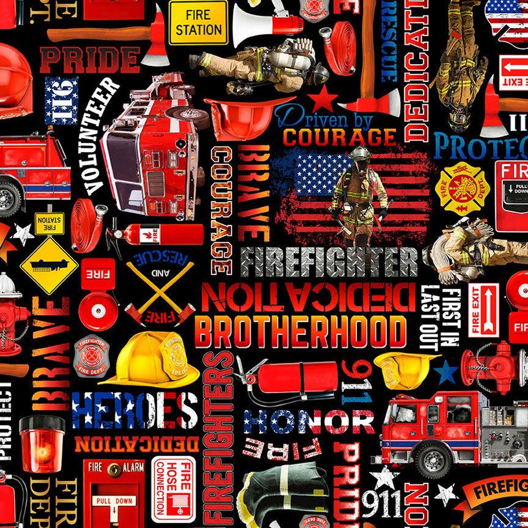 Firefighter Fabric: Fire Truck, Helmet, and Hose Print - Quilting ...