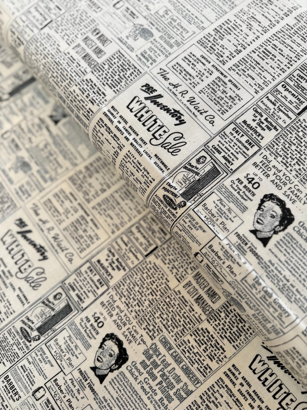 Modern Background Paper – Newsprint Cream Black Fabric | Zen Chic for ...