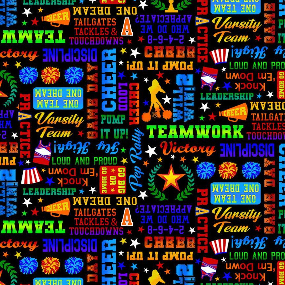Cheer Squad - Cheerleader Words Text Fabric by Gail Cadden - Cotton ...