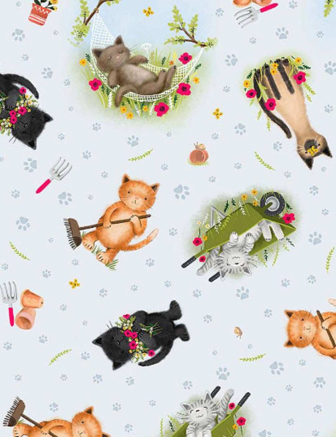 Sassy Cats - Pretty Cats in Garden Fabric - Digital Print - Cotton ...