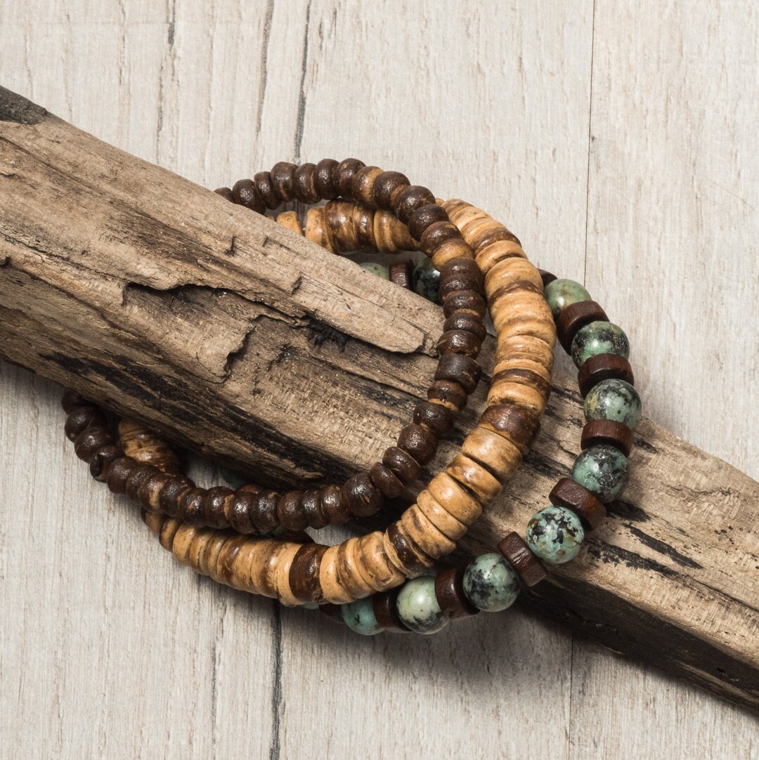Boho Bracelet Stack, Natural Turquoise Beads and Coconut Beads, Mens ...