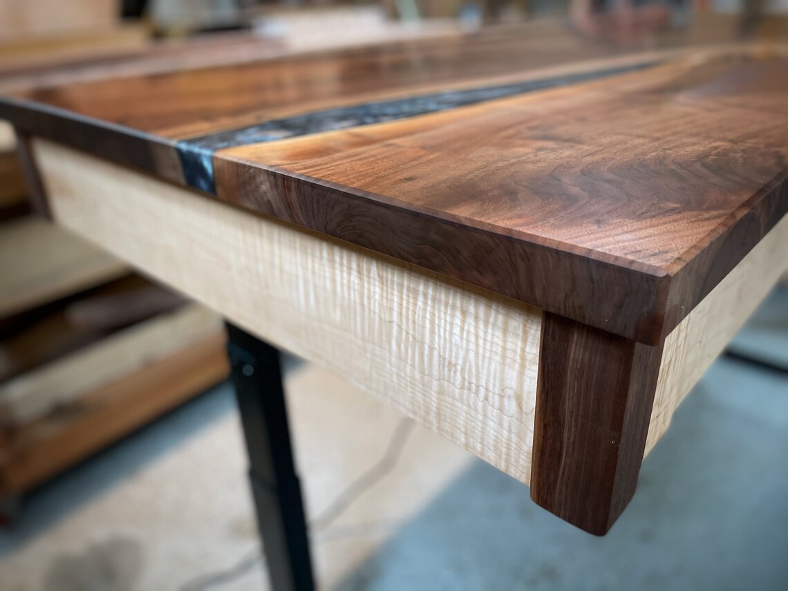 Walnut & Curly Maple River Desk With Motorized Legs - Etsy