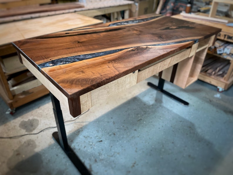 Walnut & Curly Maple River Desk With Motorized Legs - Etsy