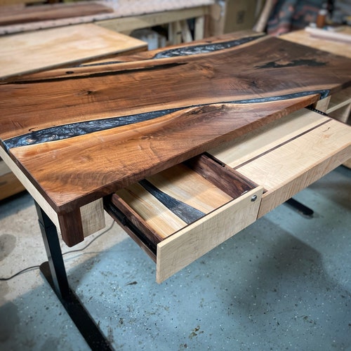 Walnut & Curly Maple River Desk With Motorized Legs - Etsy