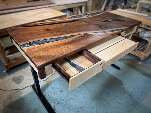 Walnut & Curly Maple River Desk with Motorized Legs | Etsy