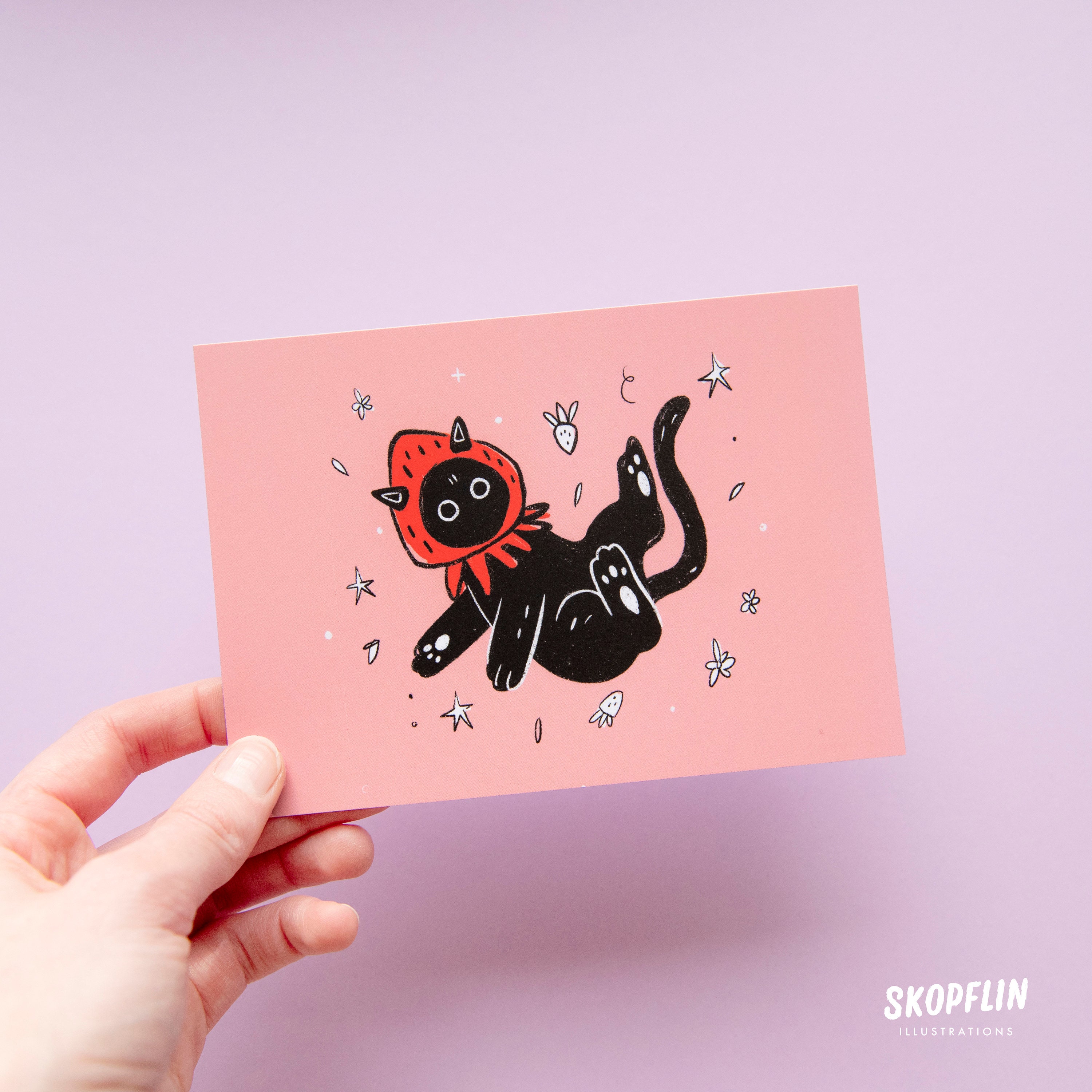 Strawberry cats forever Black cat art print A6 Print | Etsy