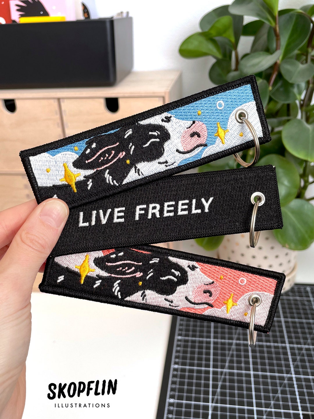 Live Freely - Embroidered Cow Keychain - Cow Embroidery - Vegan Animal ...