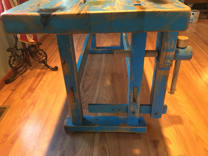 VINTAGE CARPENTER WORKBENCH (red Oak, Faded Blue Paint) - Etsy