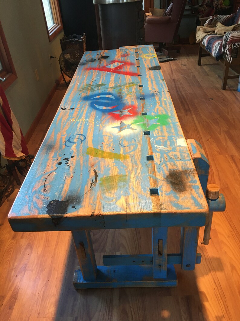 VINTAGE CARPENTER WORKBENCH (red Oak, Faded Blue Paint) - Etsy