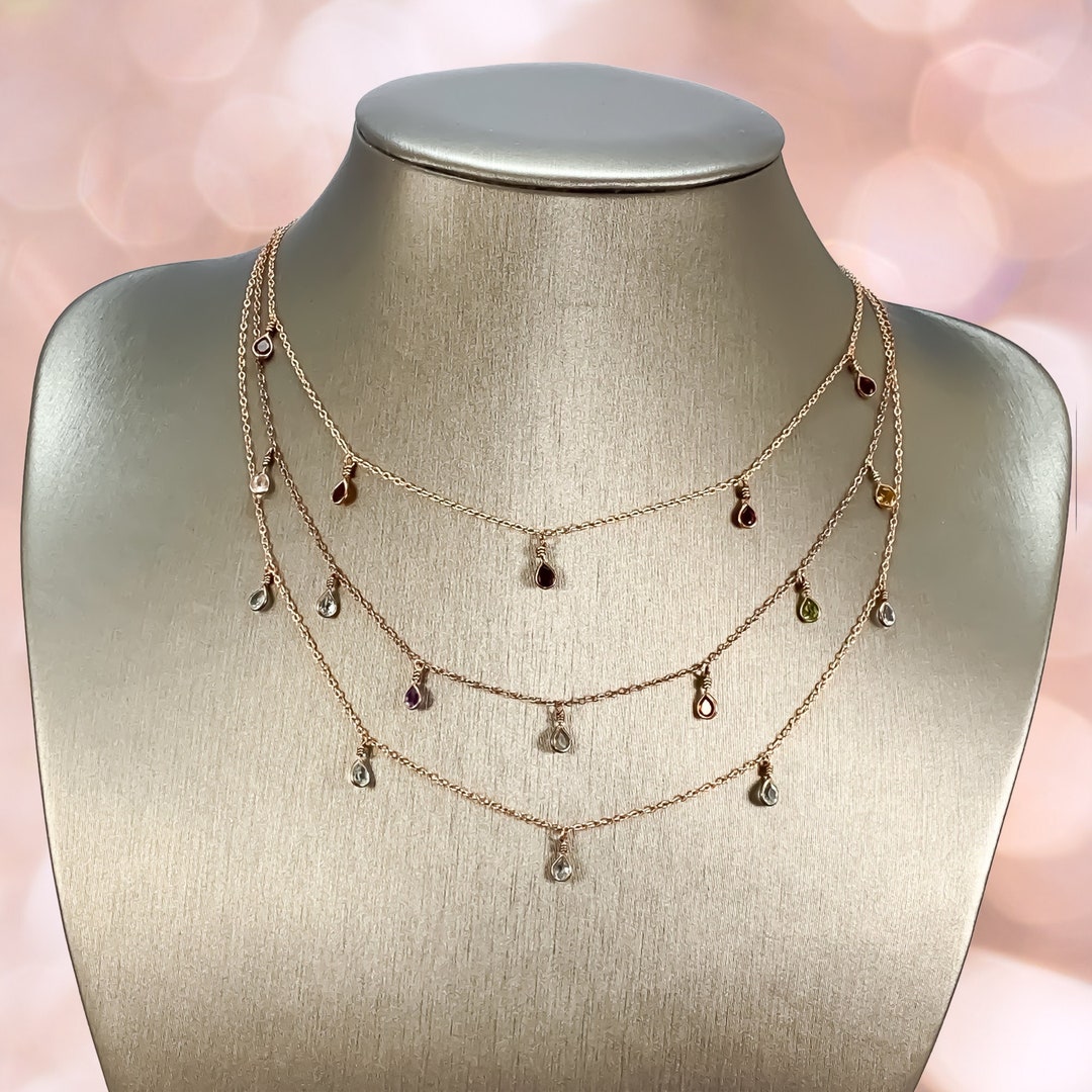 Tiny Gemstone Delicate Rose Gold Necklace, Station Necklace Rose Gold ...