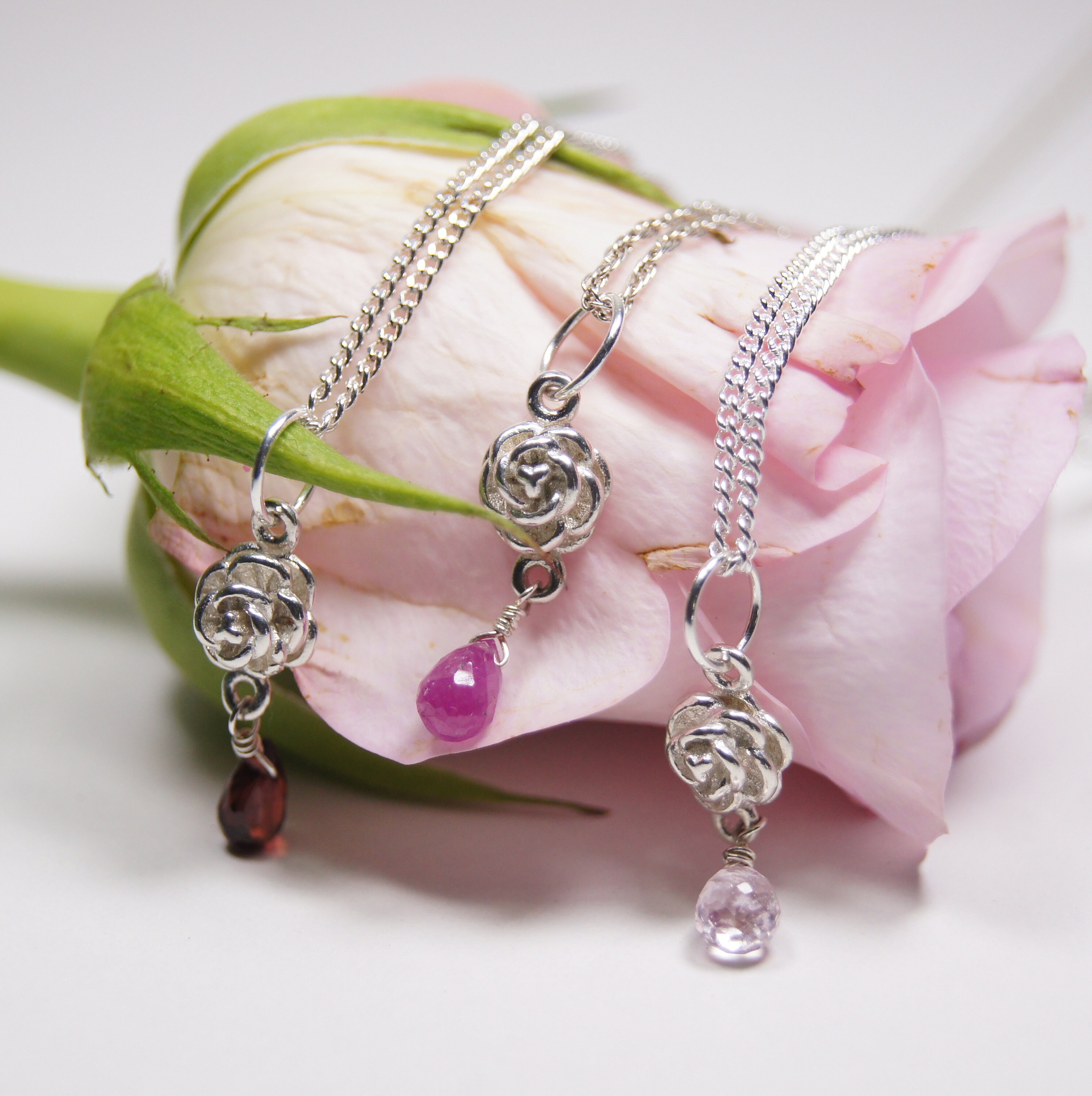 Sterling Silver Rose Necklace Gemstone Charm Flower Pendant - Etsy