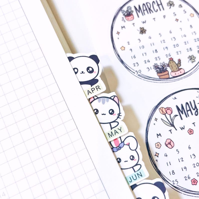 Characters Monthly Tabs / Thick Tab Stickers / Animal Peeking ...