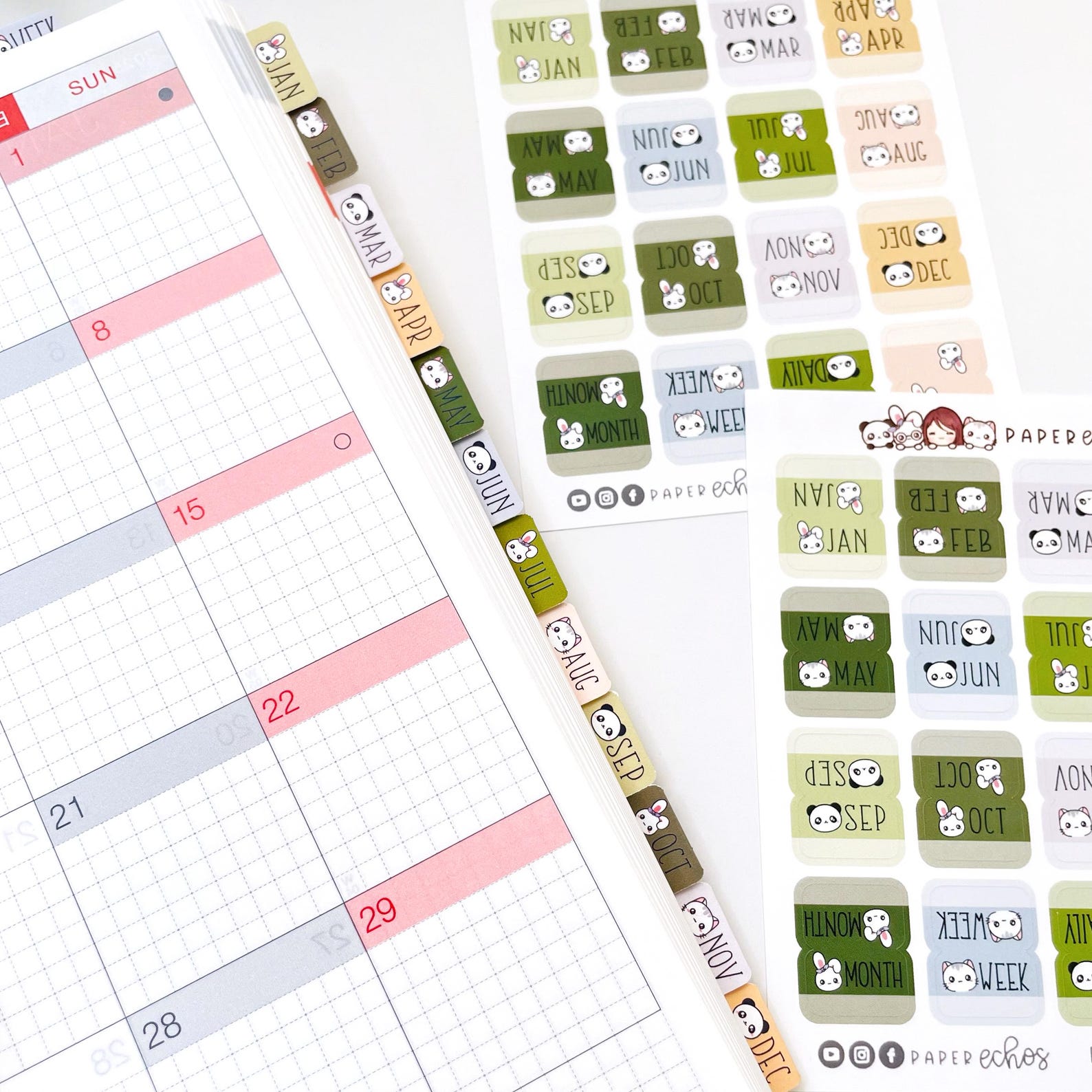 Character Head Tab Stickers / Monthly Tab Stickers / Green Colours ...