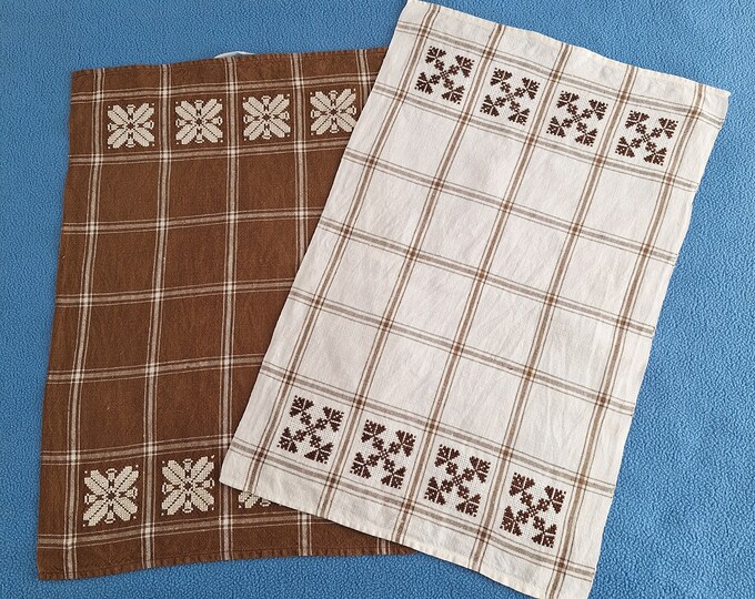 Vintage Pair of Linen Tea Towels / Cross Stitch Tea Towel / Brown Tea ...