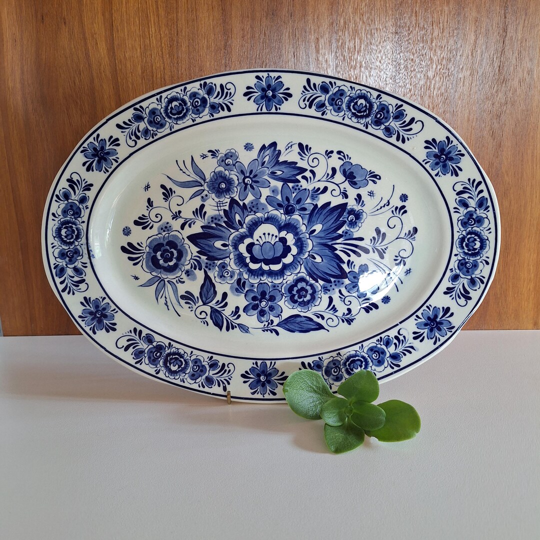 Vintage Large Blue Floral Serving Platter / Blue & White Platter ...