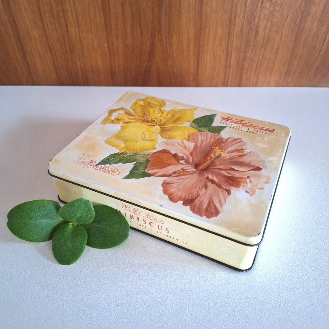 Vintage 60s Hibiscus Flower Tin / Metal Storage Tin / Macrobertson Tin ...