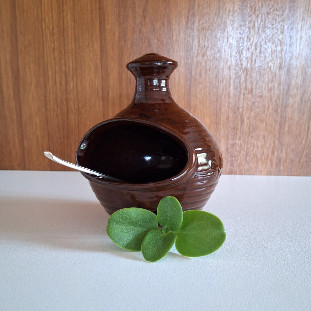 Vintage Brown Ceramic Salt Pig With Free Retro Spoon - Etsy