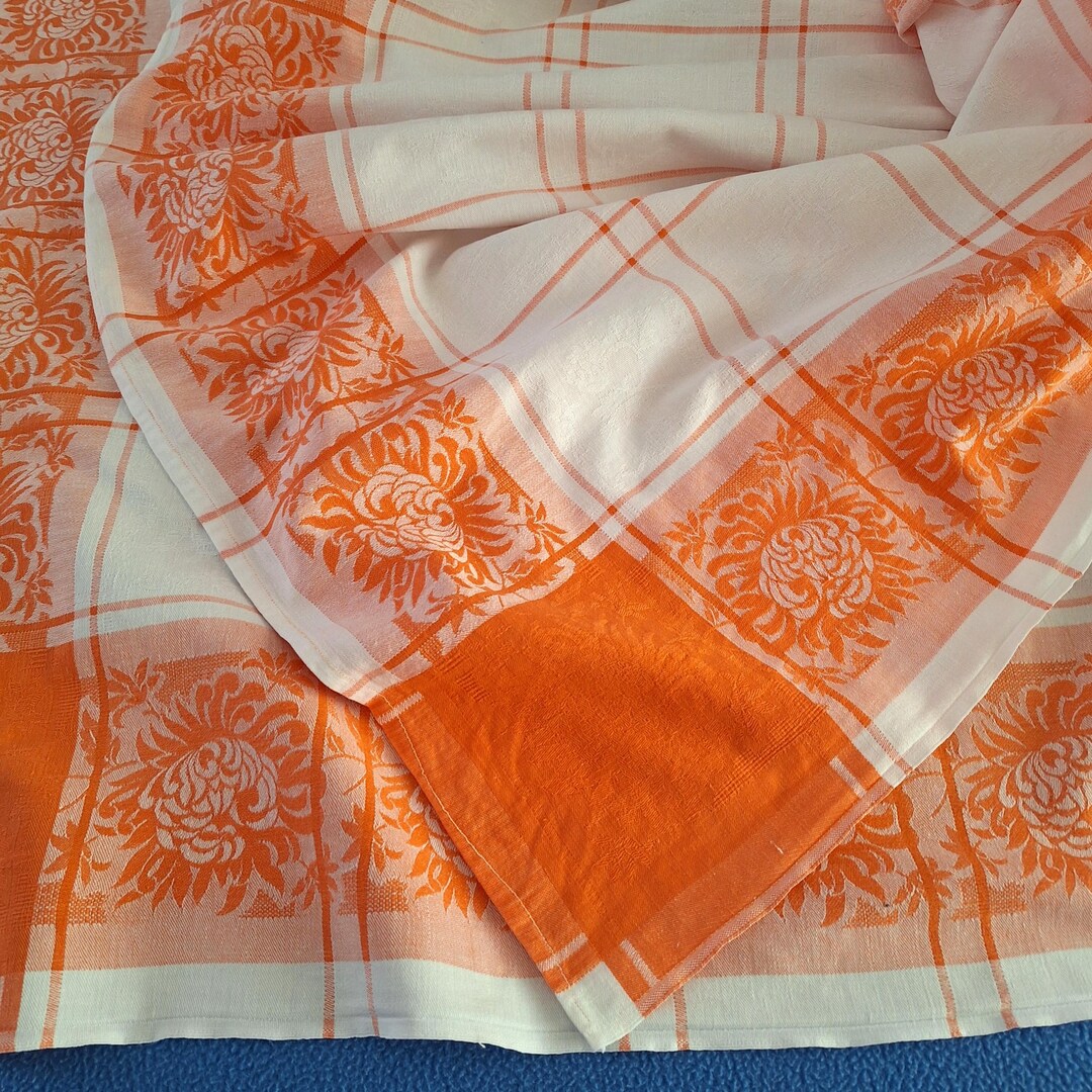 Vintage Large White Cotton Jacquard Floral Tablecloth With Orange ...