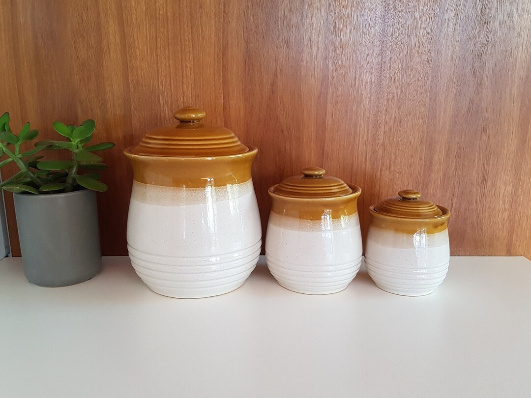 Vintage Set of 3 Ceramic Pottery Kitchen Canisters / Ceramic Kitchen ...