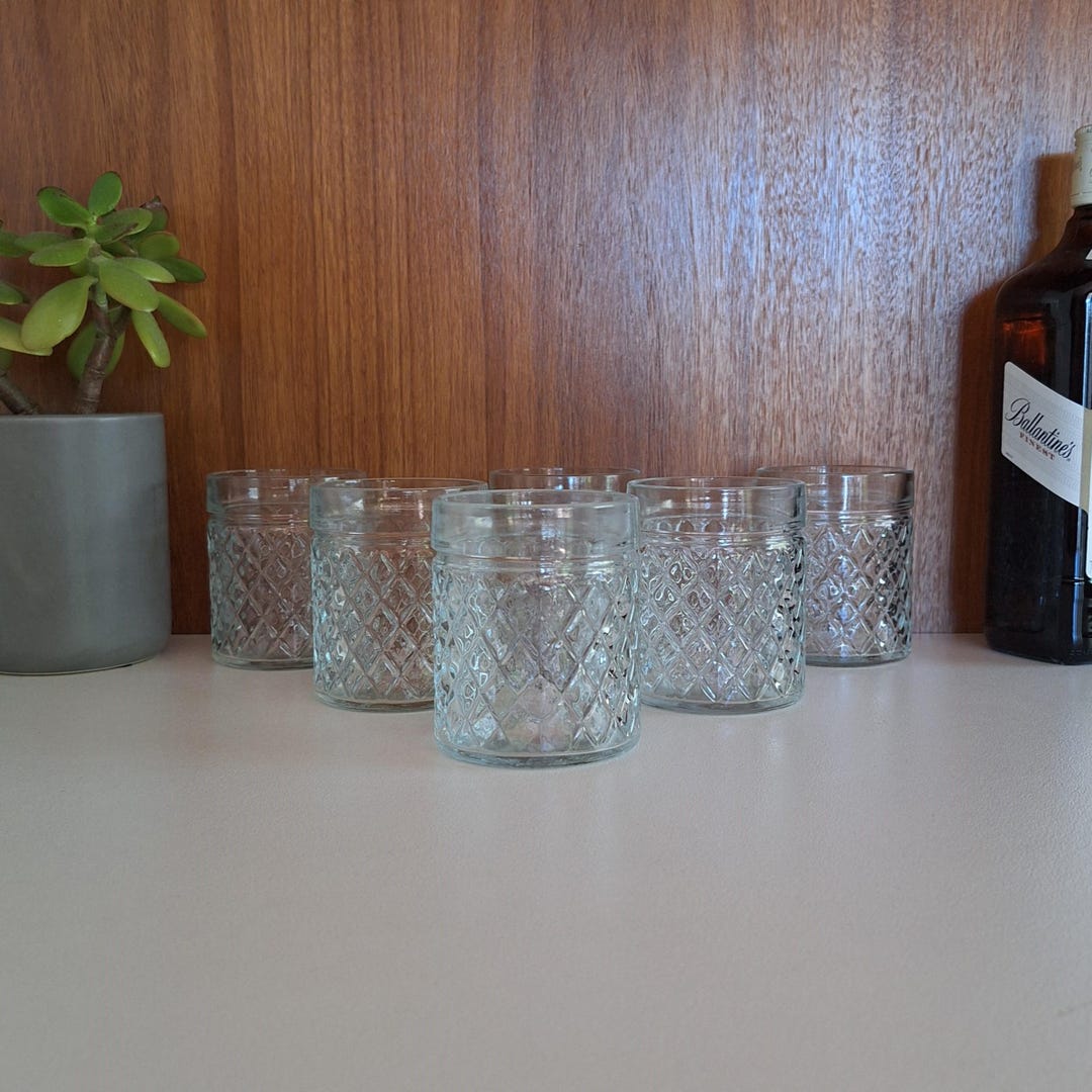 Vintage Set of 6 Diamond Pattern Pressed Glass Drink Tumblers / Wexford ...