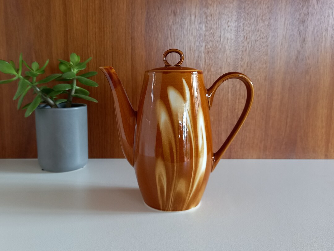 Vintage Tan Glossy Drip Glaze Ceramic Coffee Pot / Drip Glaze Teapot ...