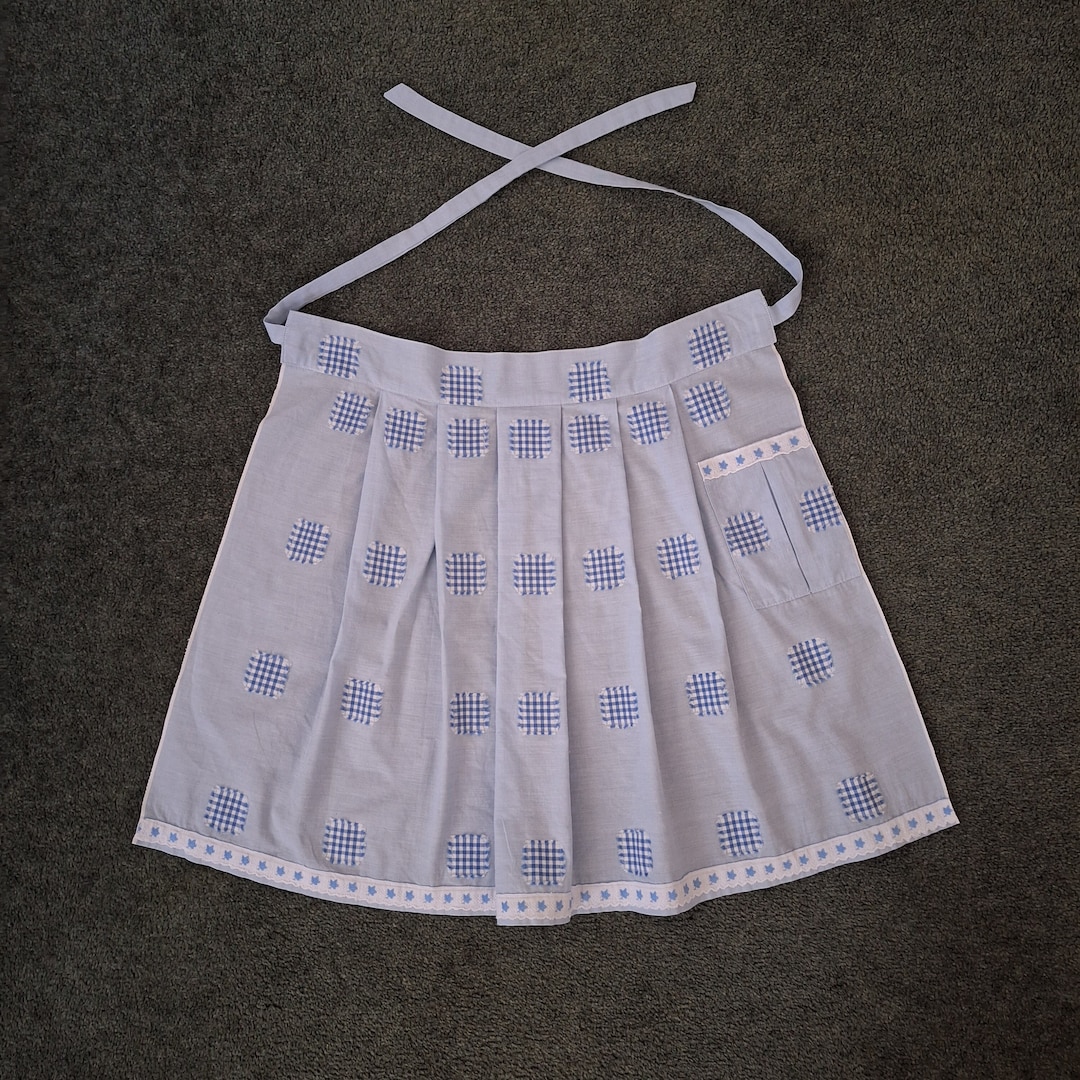 Vintage Light Blue & Gingham Apron With Embroidered Trim and Pocket ...