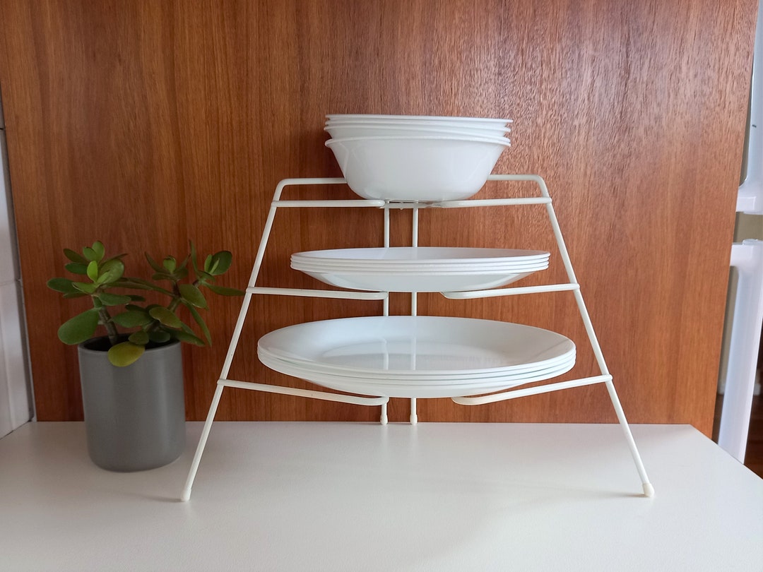 Vintage Large White Metal Plate Stand With Plastic Coating / Tiered ...