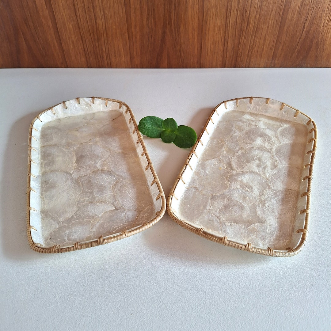 Vintage as New Set of 2 Mother of Pearl Trays With Woven Rattan Rim ...
