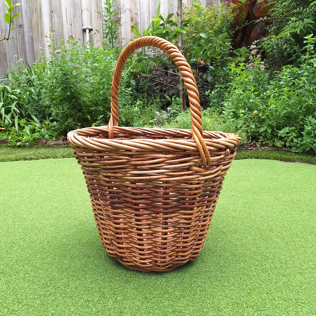 Vintage Large Woven Cane Wicker Market Basket / Storage Basket / Cane ...