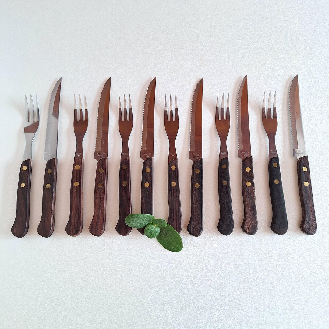 Vintage Wooden Handle Steak Knife Set: Stainless Steel BBQ Cutlery ...