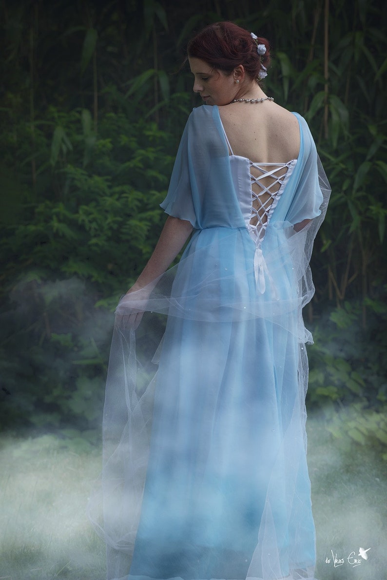 Fantasy Inspired Flowy Blue Ombre Chiffon Dress With Batwing Sleeves ...