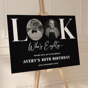 Black 80th Birthday Welcome Sign, Look Who's 80, Male Welcome Sign ...