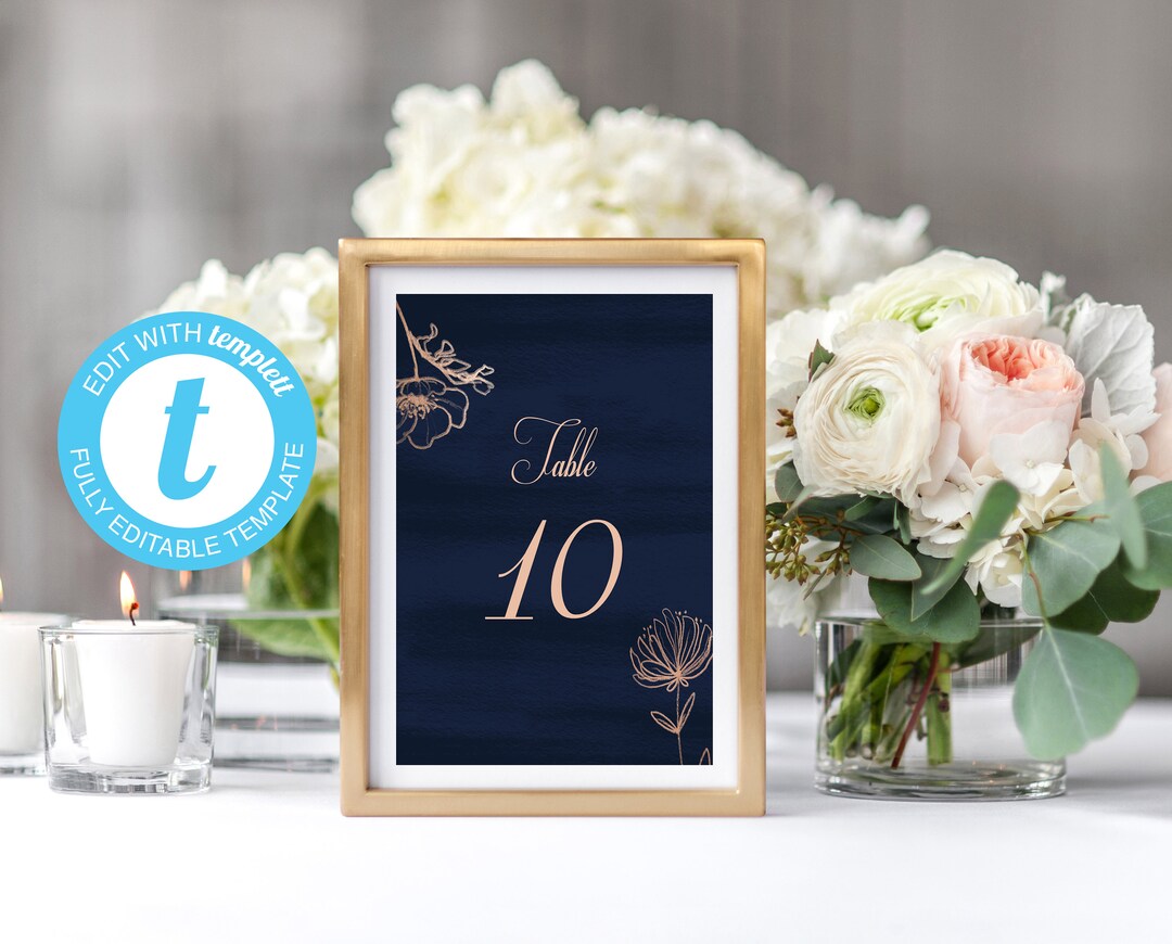 Navy Table Numbers Template Printable Wedding Table Numbers 1-40 Rose ...
