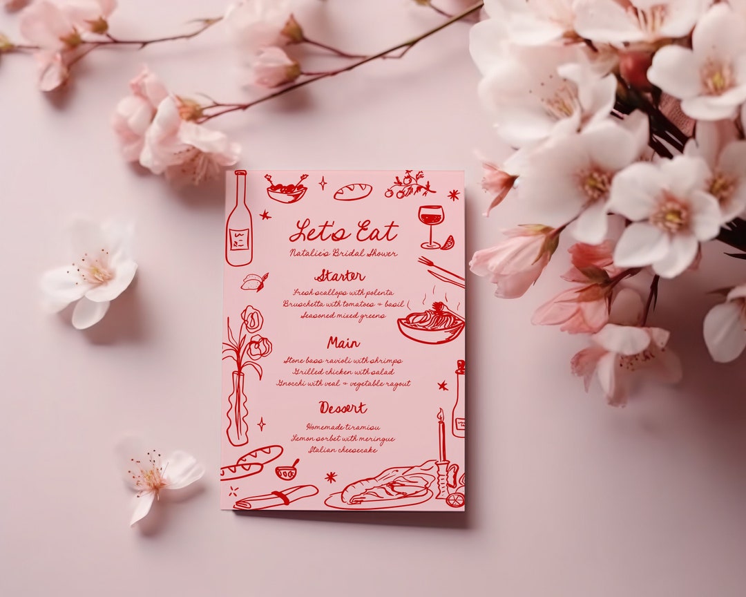 Hand Drawn Menu Card, Hot Pink Menu Printable, Editable Template, Pink ...