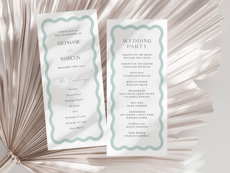 Wavy Border Wedding Program Template, Sage Green Wedding Program, Wave ...