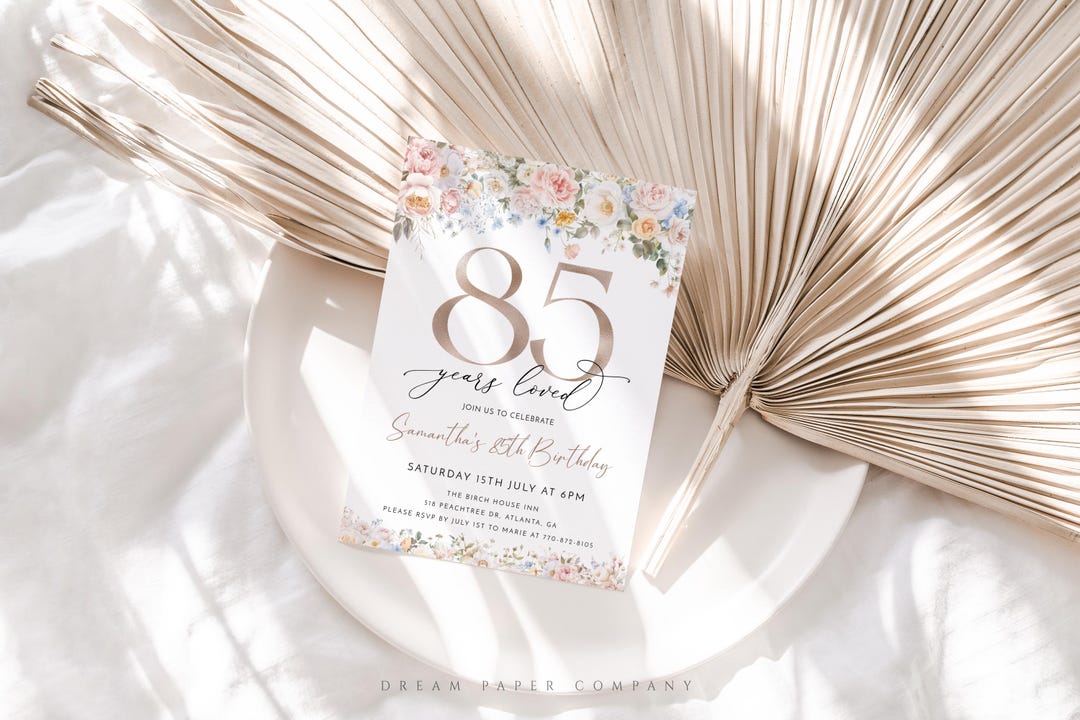 Floral 85th Birthday Invitation Template, Spring Birthday Invite ...