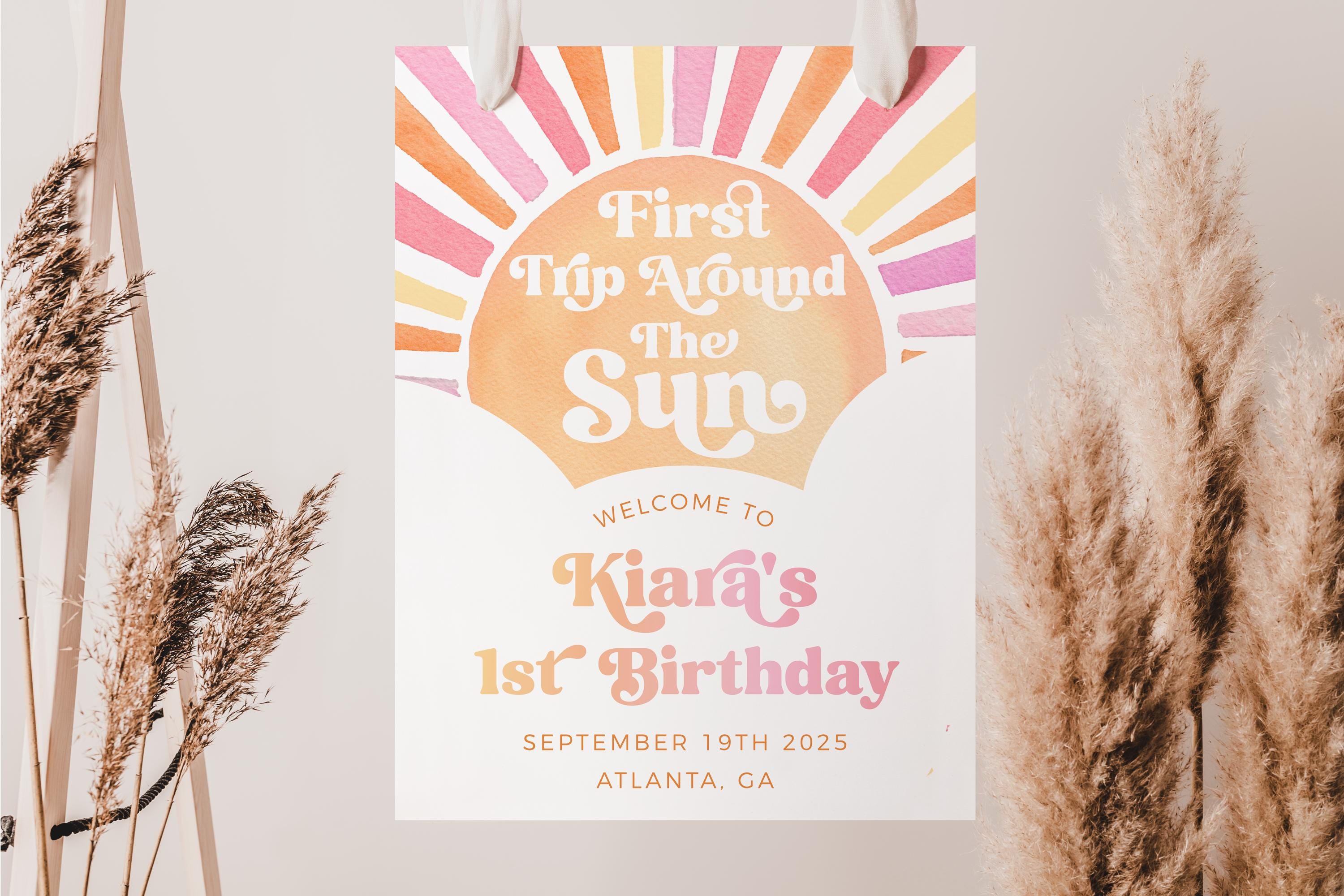 First Trip Around the Sun Welcome Sign, Editable Sunshine Birthday ...