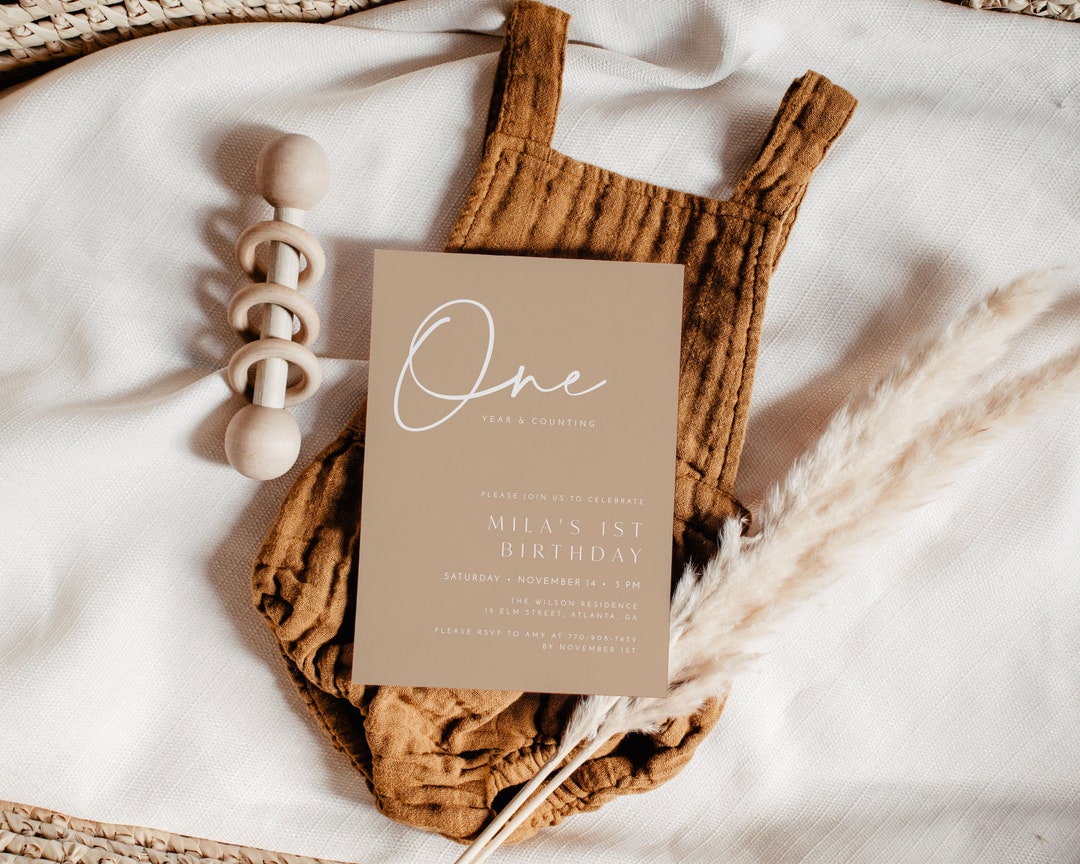 Beige 1st Birthday Invitation Template, Minimalist First Birthday ...