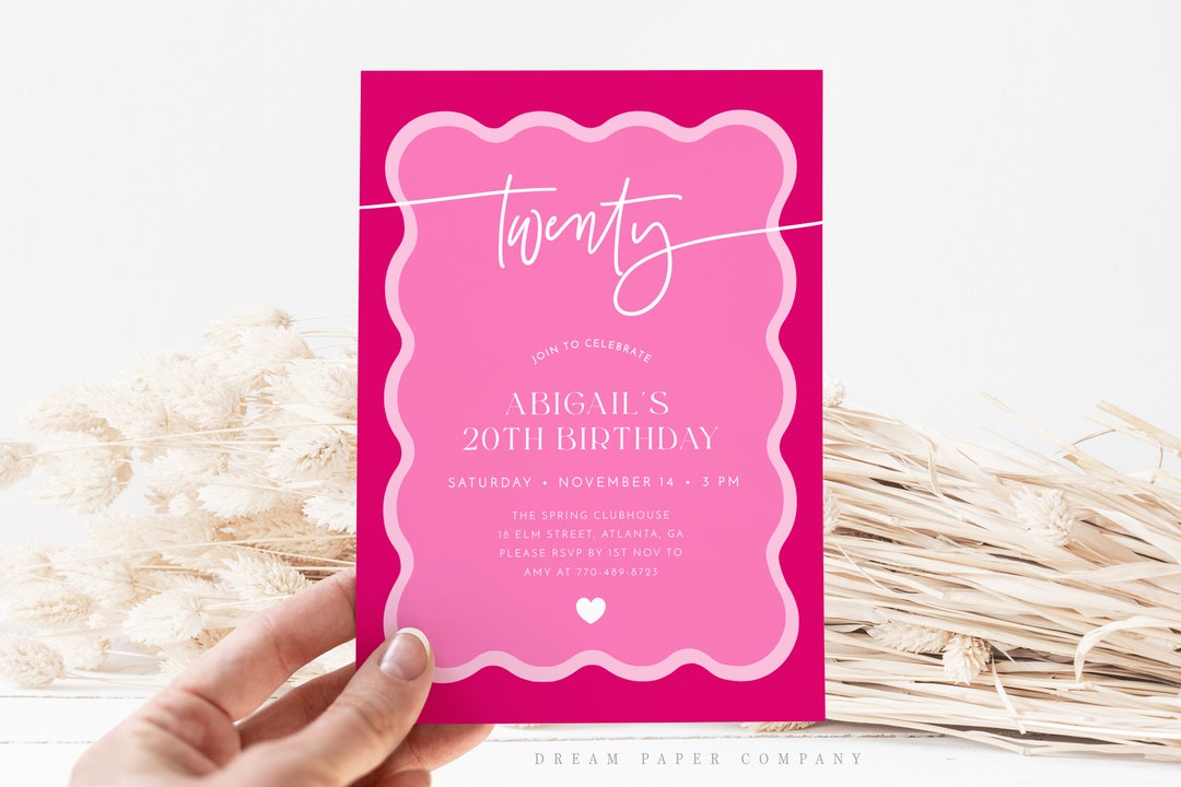 Wave 20th Birthday Invitation, Hot Pink 20th Birthday Invite, Wavy ...