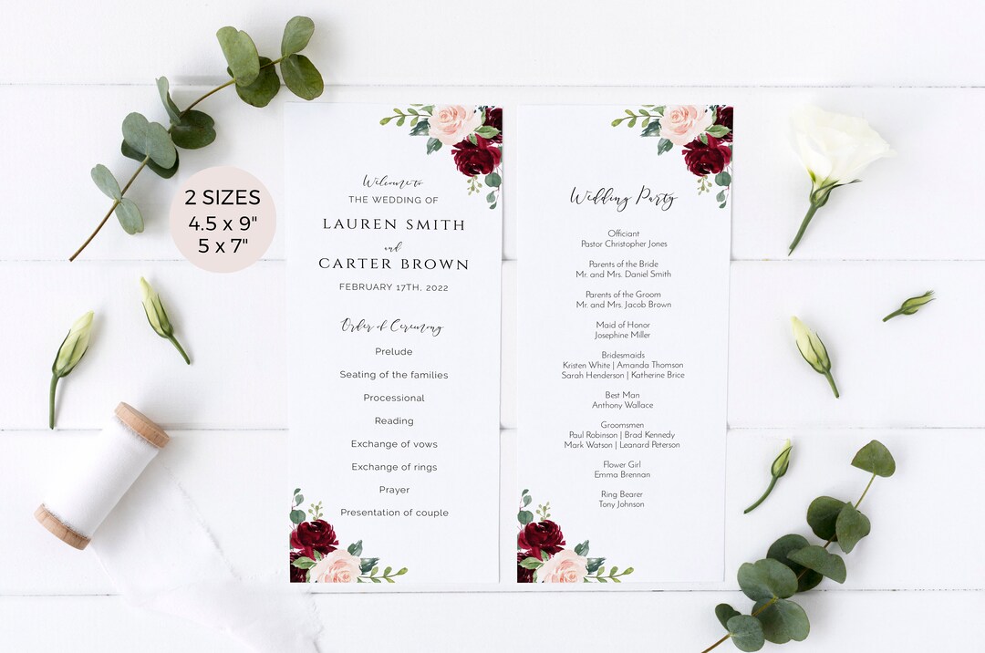 Burgundy Wedding Program Editable Template Ceremony Program Template ...