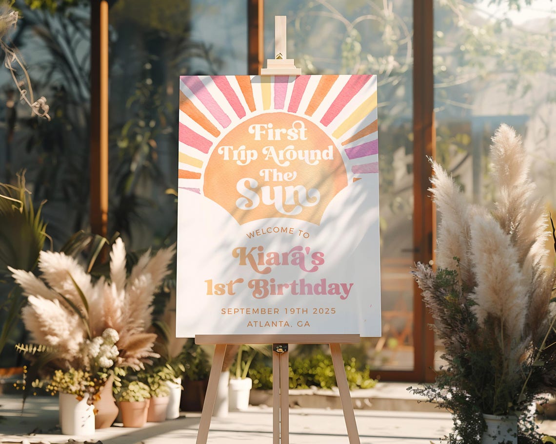 First Trip Around the Sun Welcome Sign, Editable Sunshine Birthday ...