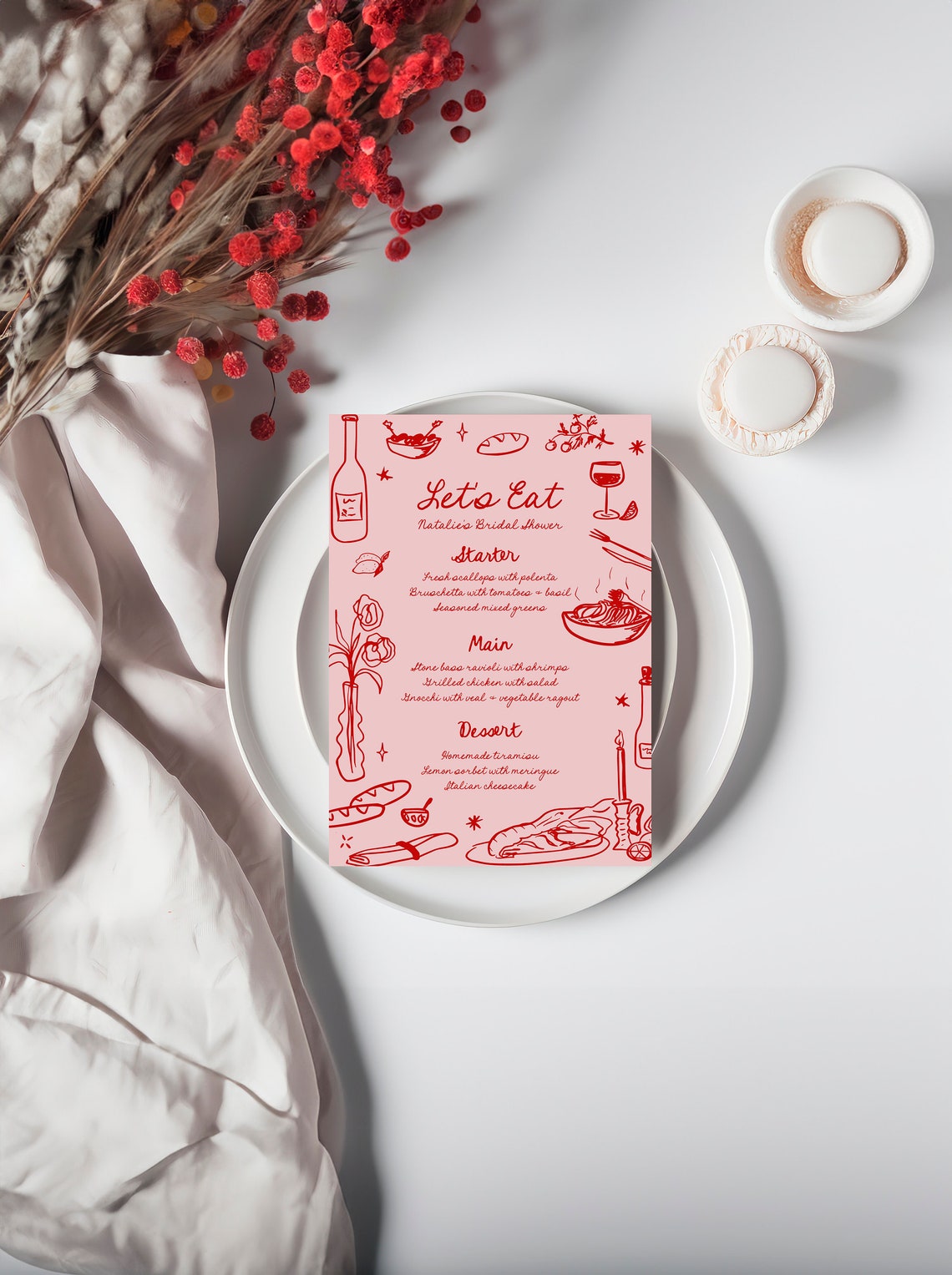 Hand Drawn Menu Card, Red Menu Printable, Editable Template, Pink Red ...
